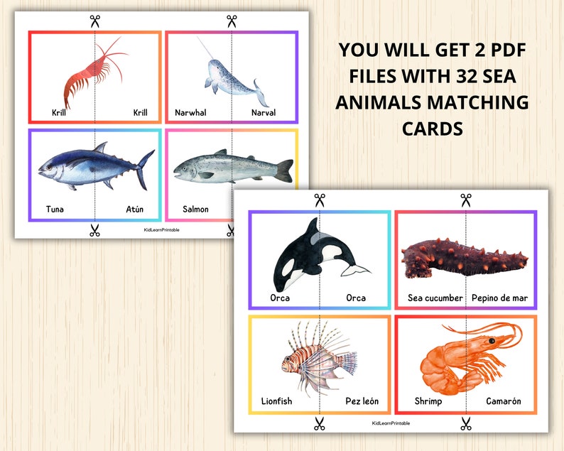 Bilingual Ocean Animals Matching Game: Montessori Cards (digital ...