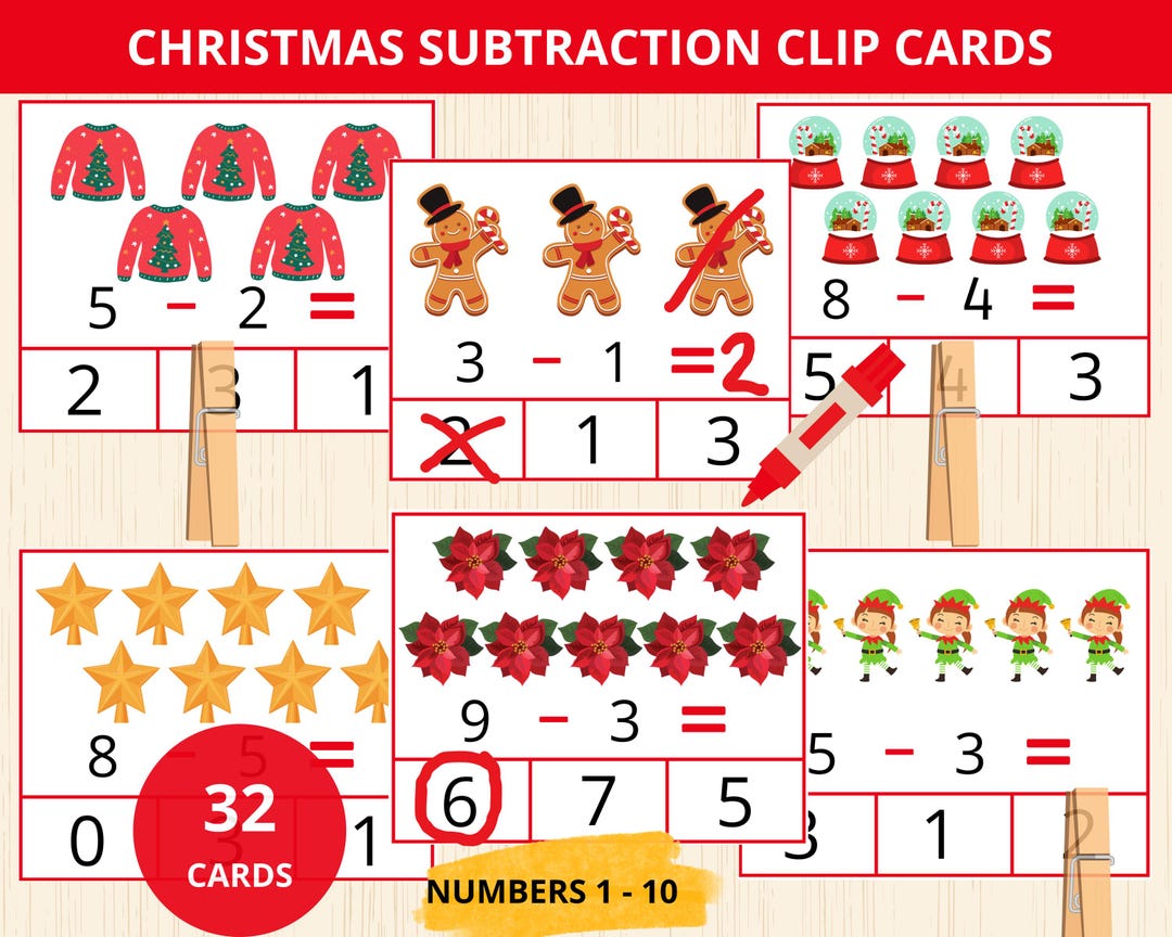 Christmas Subtraction Clip Card,winter Subtraction Cards,holiday Math ...