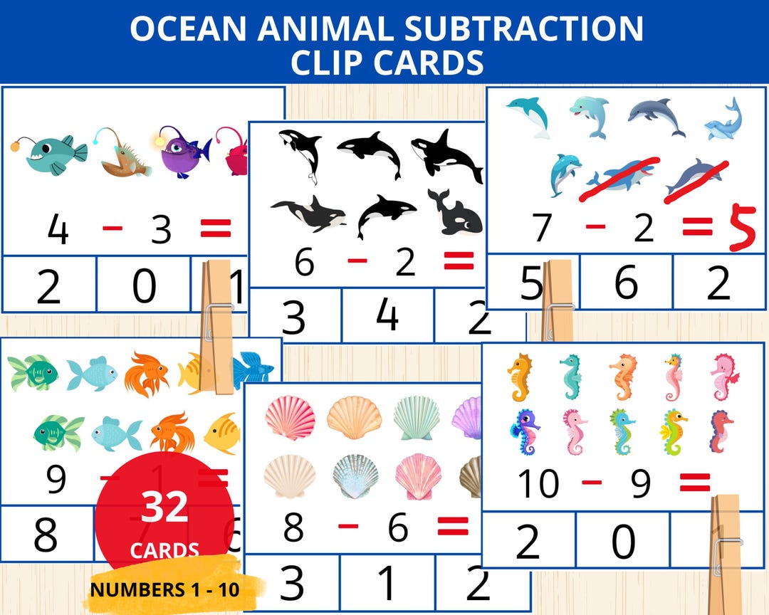 Ocean Animal Subtraction Clip Card,ocean Subtraction Cards,sea Animal ...