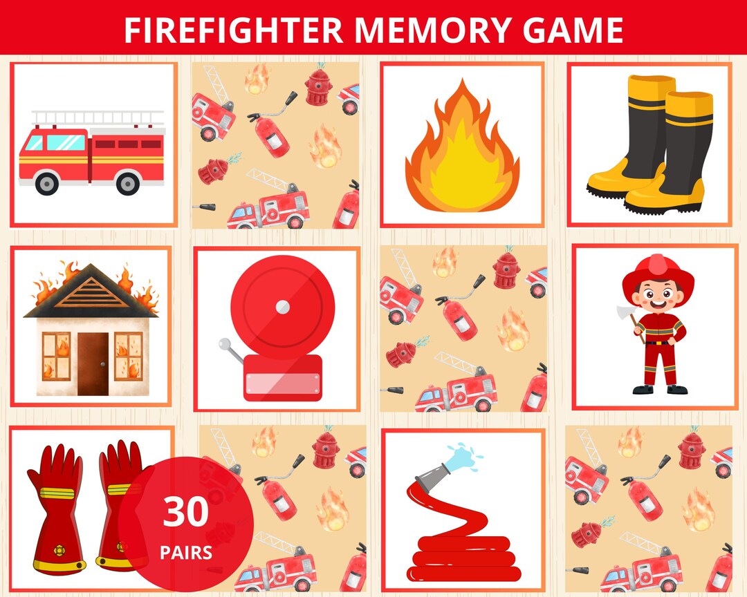 Firefighter Memory Game,firefighter Matching Game,fireman Birthday ...
