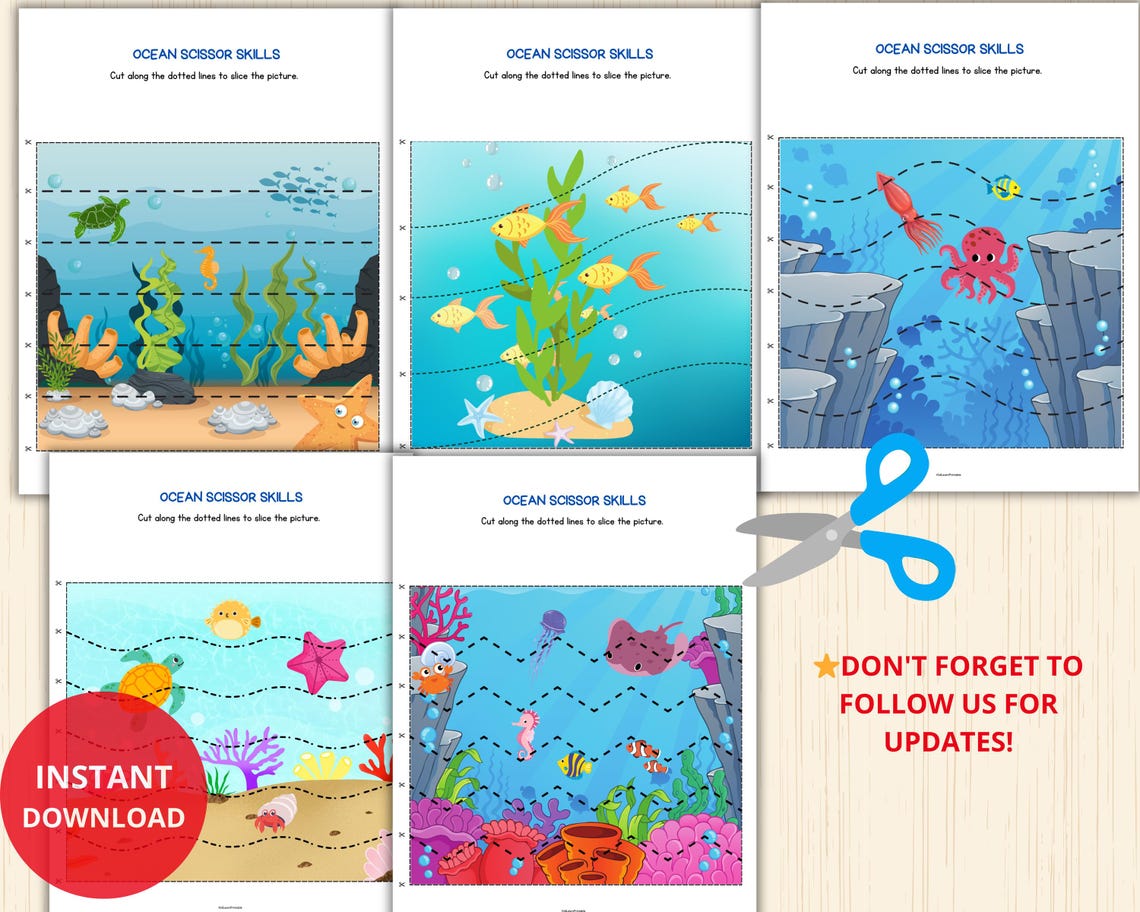 Ocean Animal Cutting Strips,cutting Practice Worksheets,sea Animal ...