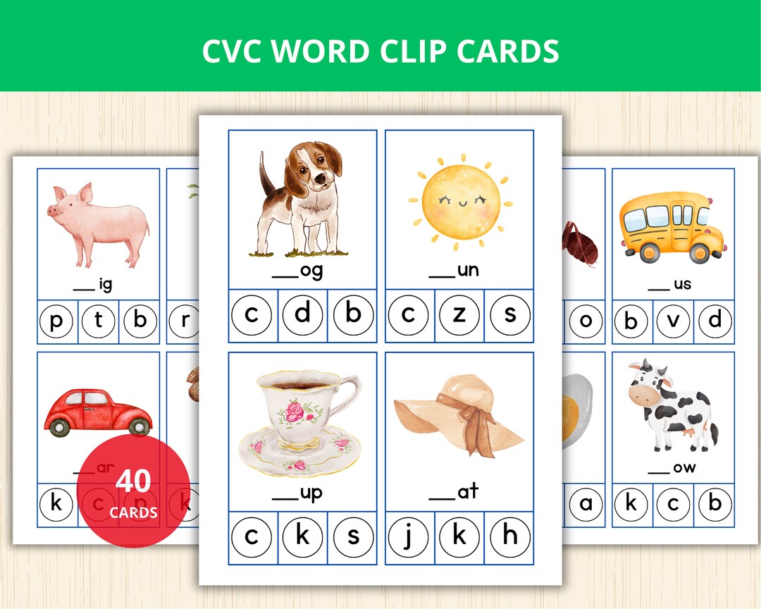 CVC Word Clip Cards, Beginning Sound, Alphabet Phonics, Montessori ...