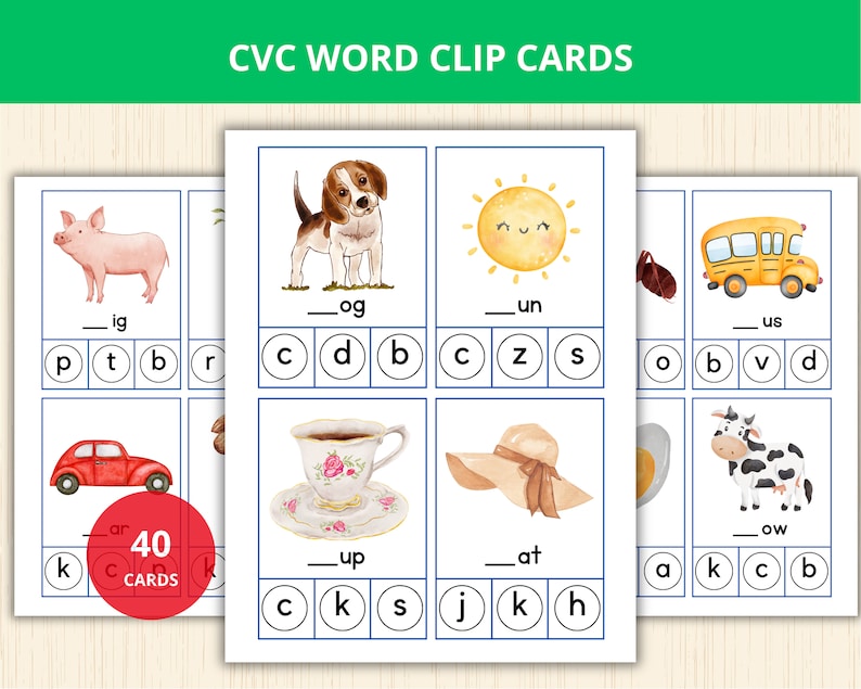 CVC Word Clip Cards, Beginning Sound, Alphabet Phonics, Montessori ...