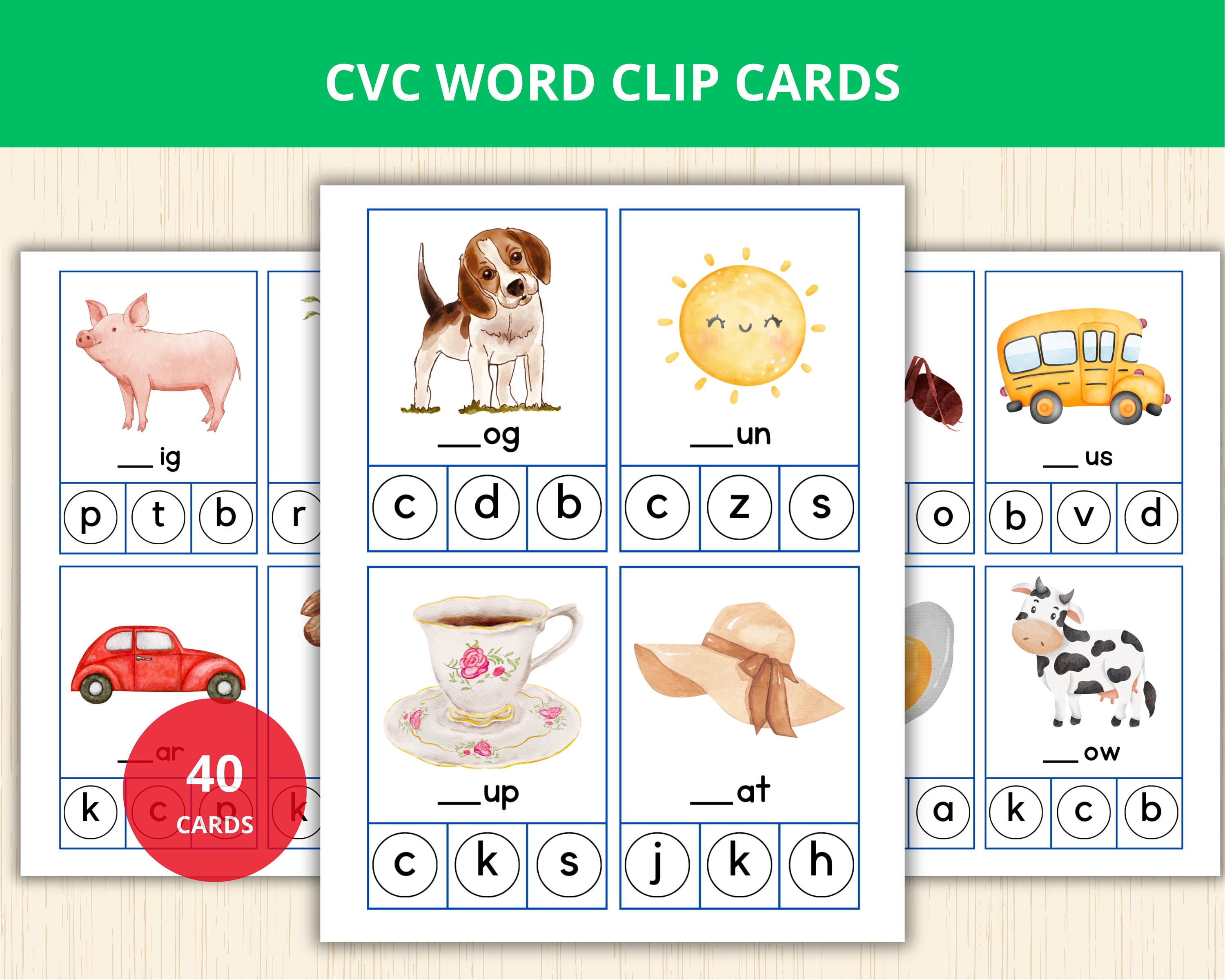 CVC Word Clip Cards, Beginning Sound, Alphabet Phonics, Montessori ...