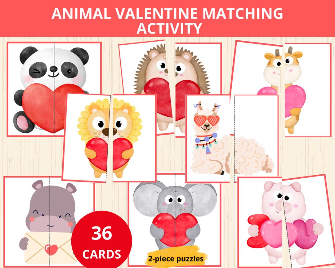 Valentine Animal Matching Game,animal Symmetry Puzzles,two Pieces ...
