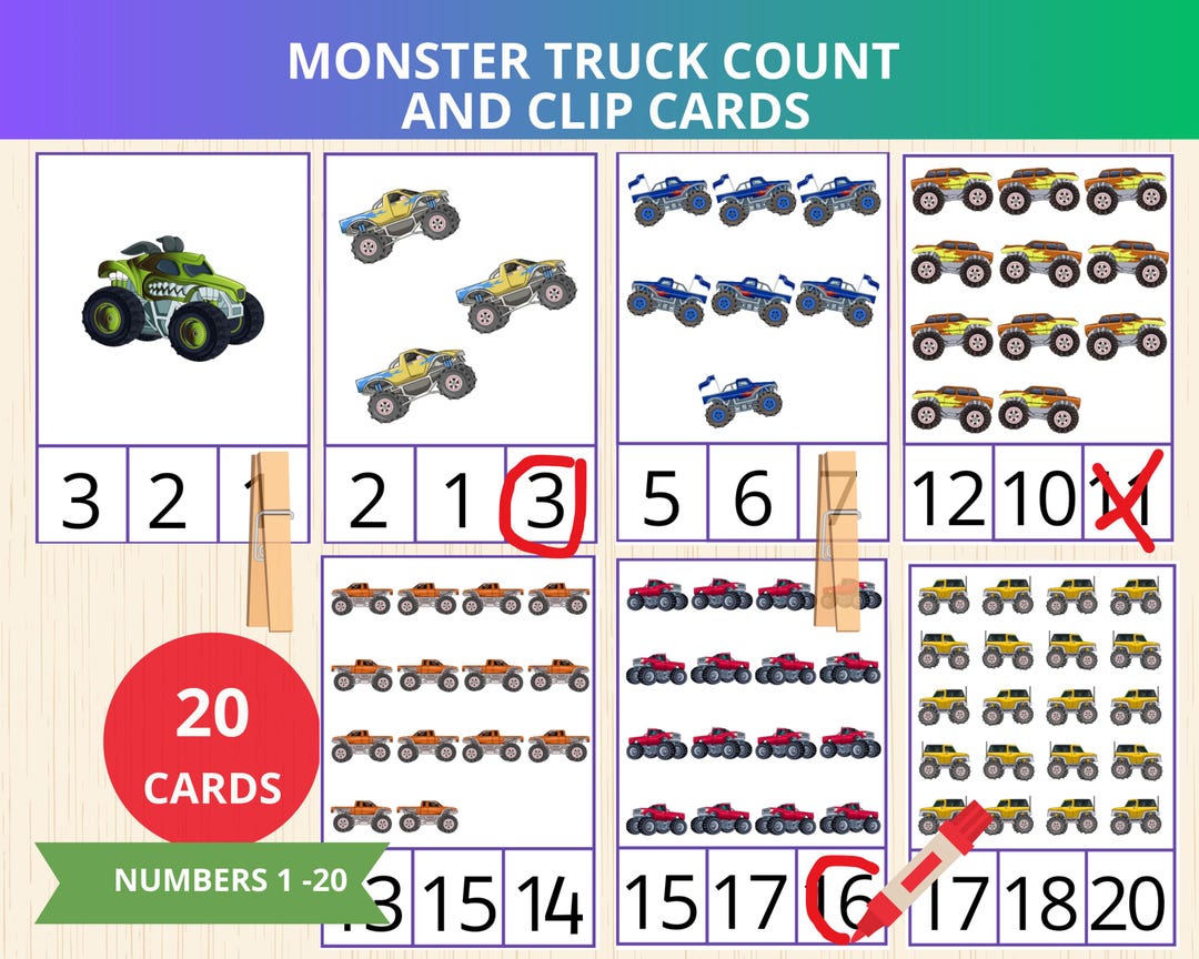 Count and Clip Monster Truck,monster Truck Counting Game,preschool Math ...