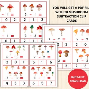 Mushroom Subtraction Clip Card,montessori Mushroom,subtraction Math ...