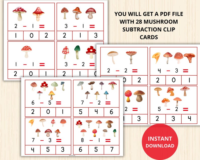 Mushroom Subtraction Clip Card,montessori Mushroom,subtraction Math ...
