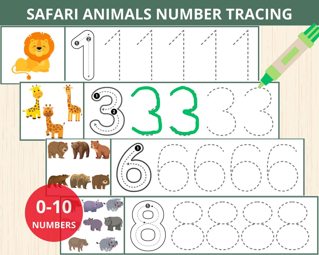 Safari Animal Number Tracing,handwriting Practice,writing Skills ...