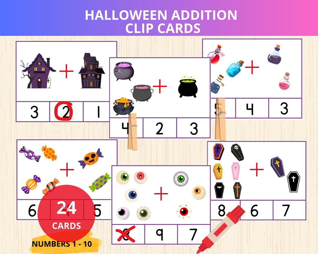 Tarjetas recortables de matemáticas de Halloween, suma preescolar de ...