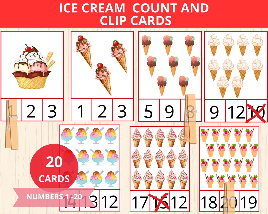 Ice Cream Count Clip Cards,numbers 1-20,preschool Math Center,counting ...