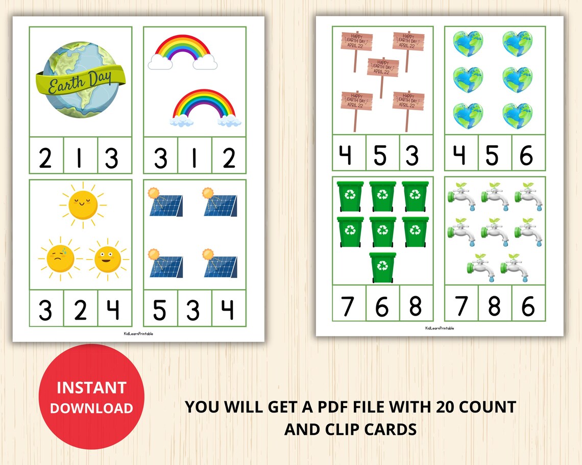 Earth Day Count and Clip Cards,numbers 1-20,counting Cards, Earth Day ...