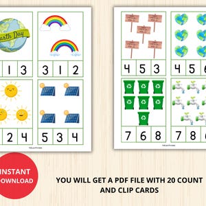 Earth Day Count and Clip Cards,numbers 1-20,counting Cards, Earth Day ...
