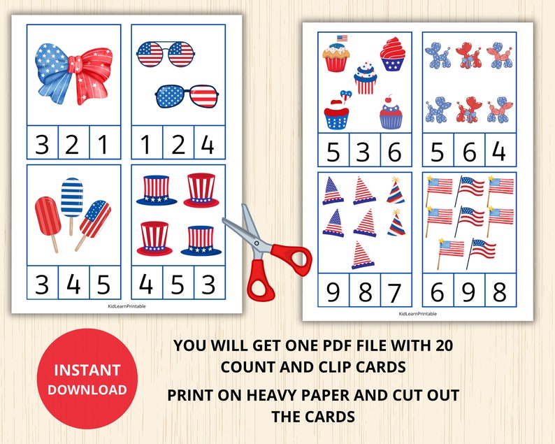 4th of July Count and Clip Cards,numbers 1-20,4th of July Cards ...