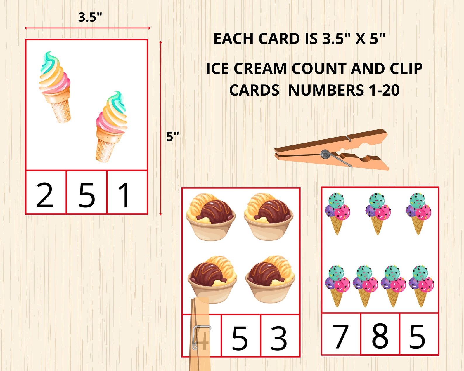 Ice Cream Count Clip Cards,numbers 1-20,preschool Math Center,counting ...