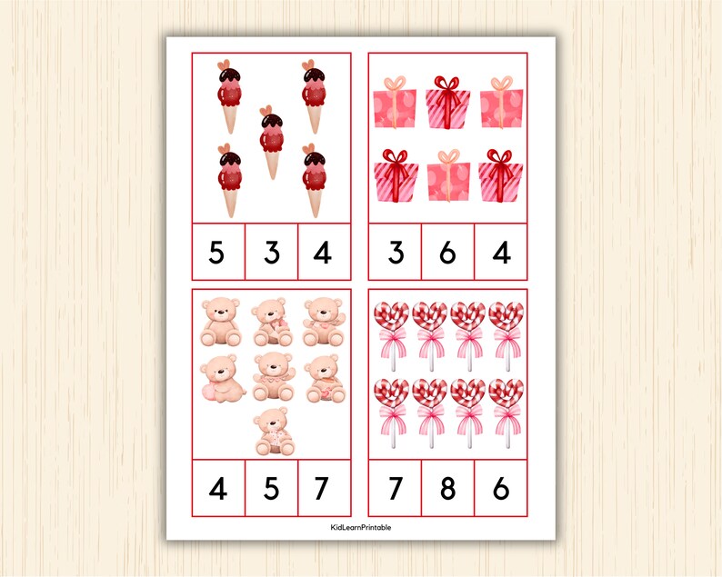 Valentine Count and Clip Cards,valentine's Day, Preschool Activity ...