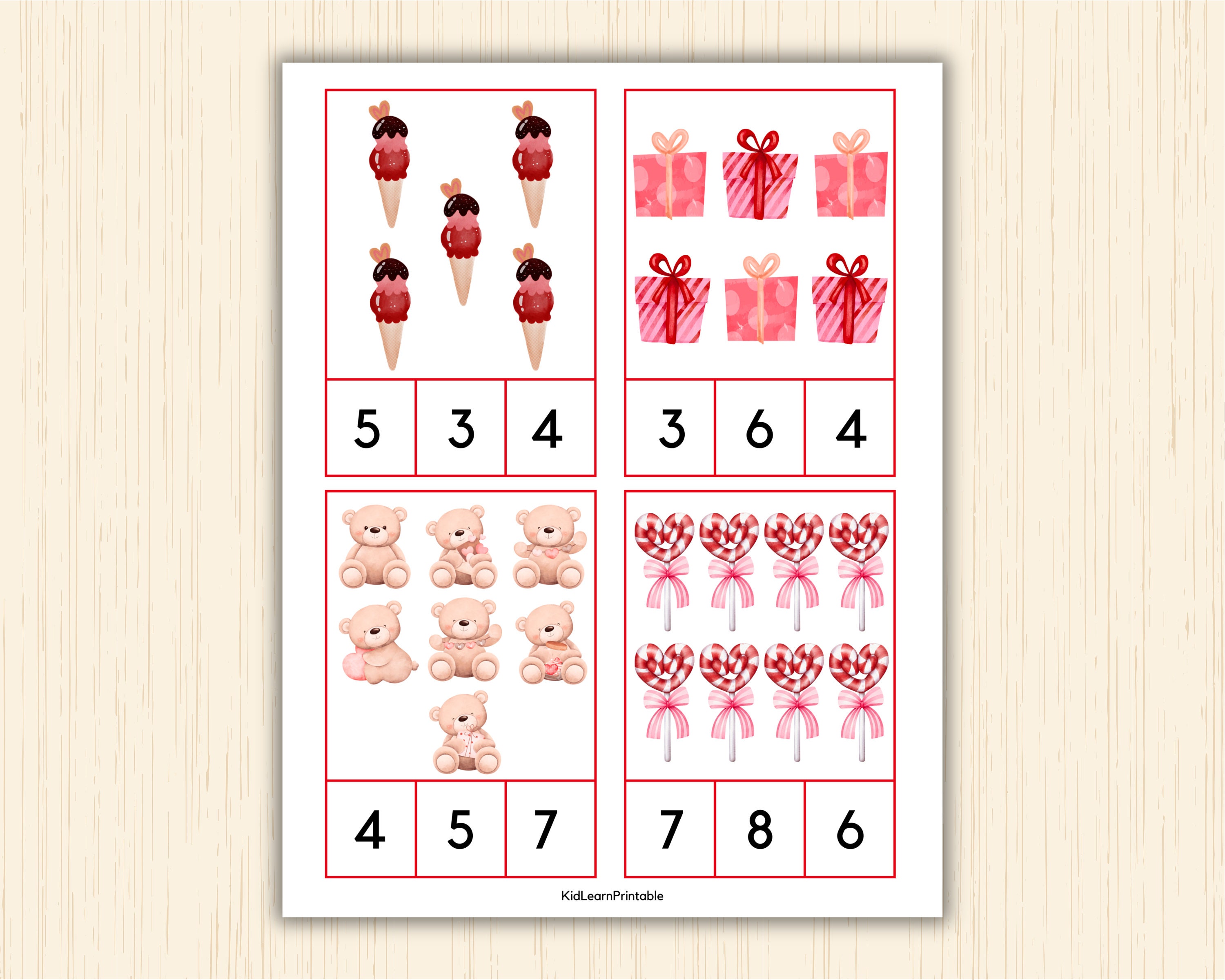 Valentine Count and Clip Cards,valentine's Day, Preschool Activity ...