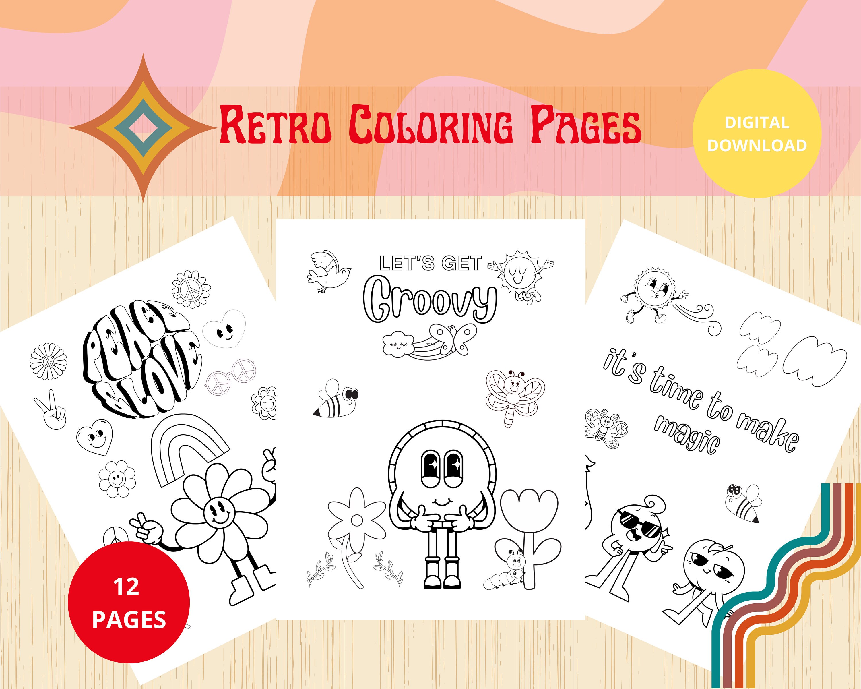 Groovy Colouring Pages Positive Coloring Pagesretro Coloring Etsy