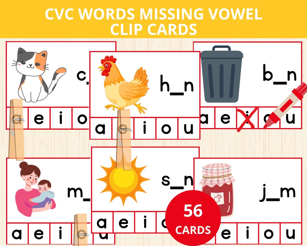 CVC Words Missing Vowel Clip Cards,cvc Vowel Sound Clip Cards ...
