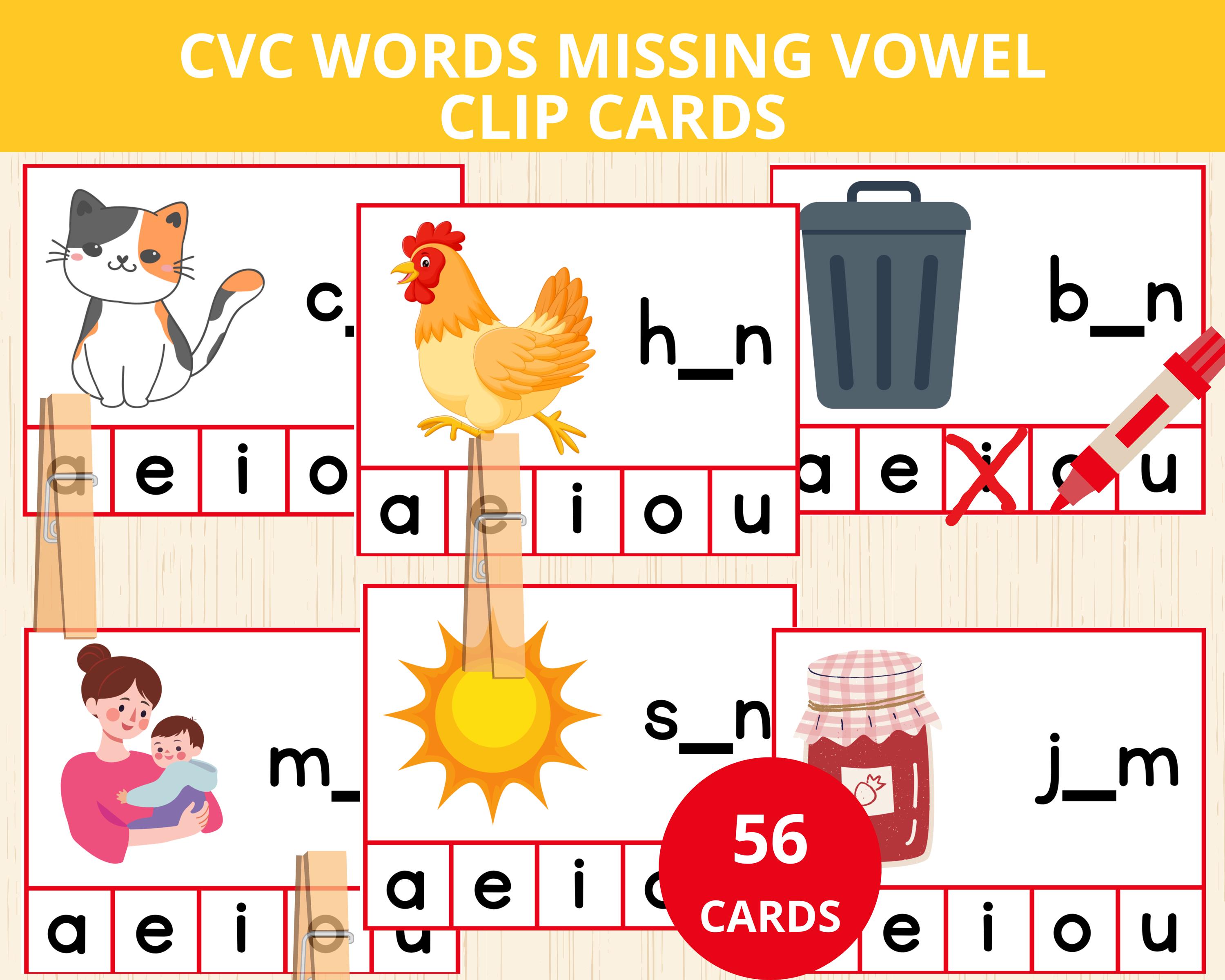 CVC Words Missing Vowel Clip Cards,cvc Vowel Sound Clip Cards ...