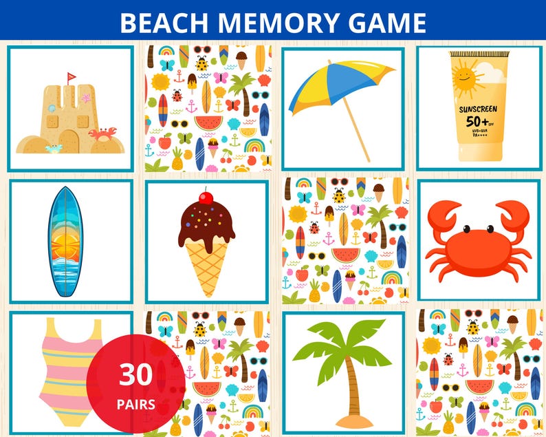 Beach Memory Game,summer Memory Card,beach Memory Match,beach Party ...