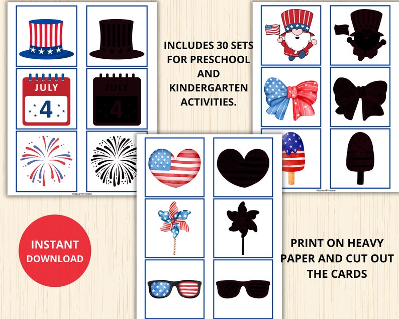 4th of July Shadow Game,fourth of July Shadow Matching Cards,summer ...