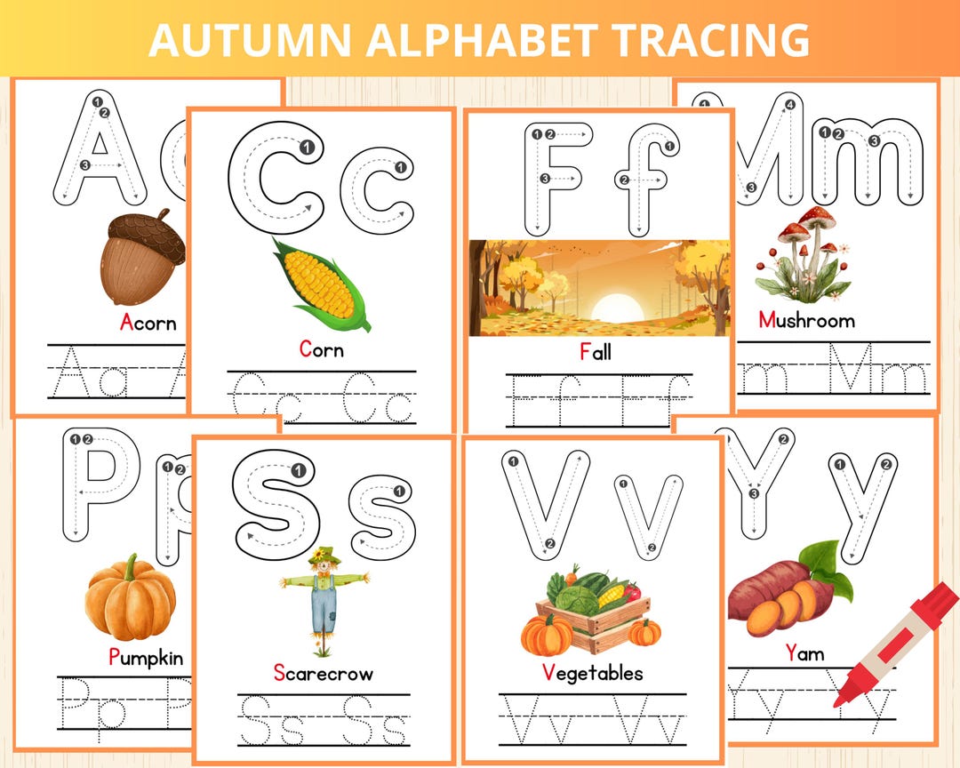 Autumn Alphabet Tracing,fall Letter Tracing,fall Preschool Tracing,fall ...