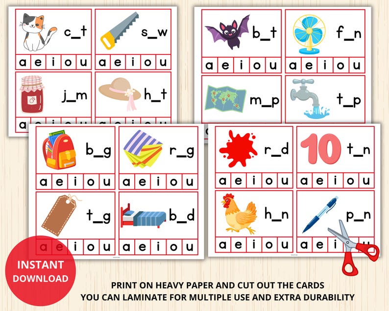 CVC Words Missing Vowel Clip Cards,cvc Vowel Sound Clip Cards ...