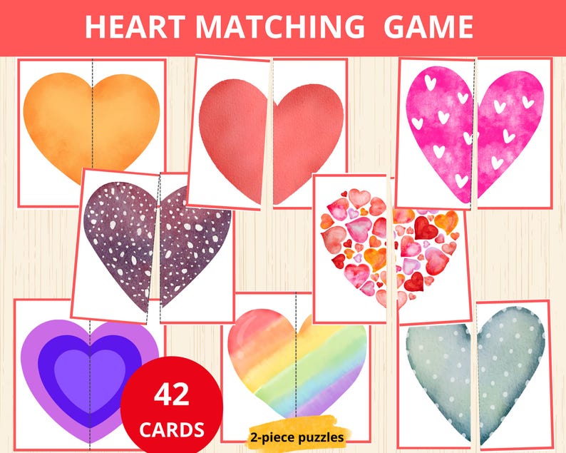 Heart Matching Game,valentine's Day Matching Activity,two Pieces Puzzle ...