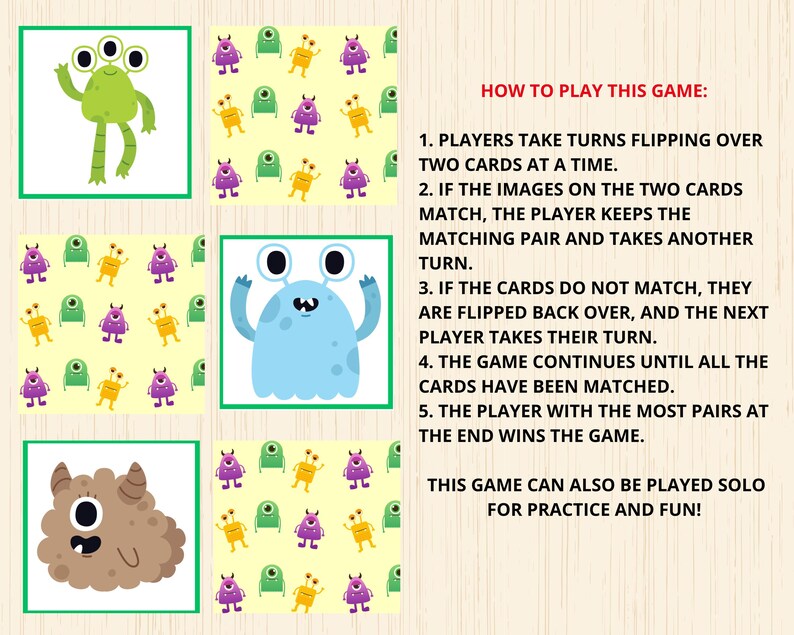 Monsters Memory Game for Kids,fun Monsters Matching Activity,memory ...