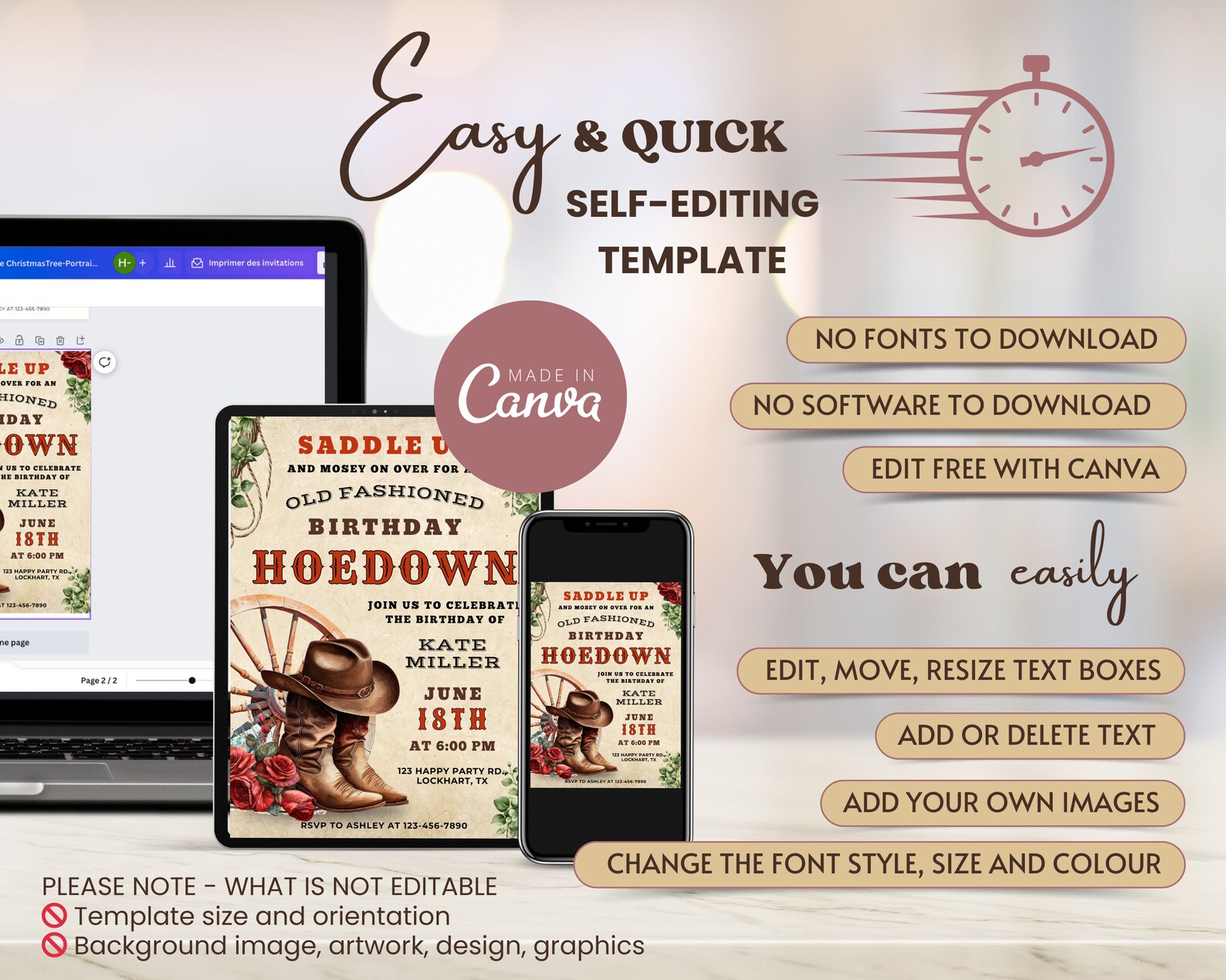 Editable Red Roses Cowgirl Hoedown Birthday Party Invitation Western ...