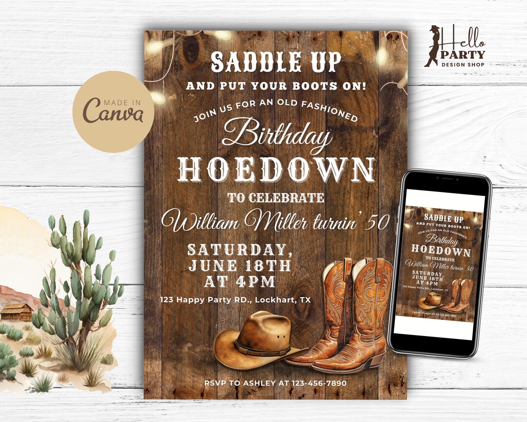 Editable Western Hoedown Birthday Party Invitation - Cowboy Digital ...