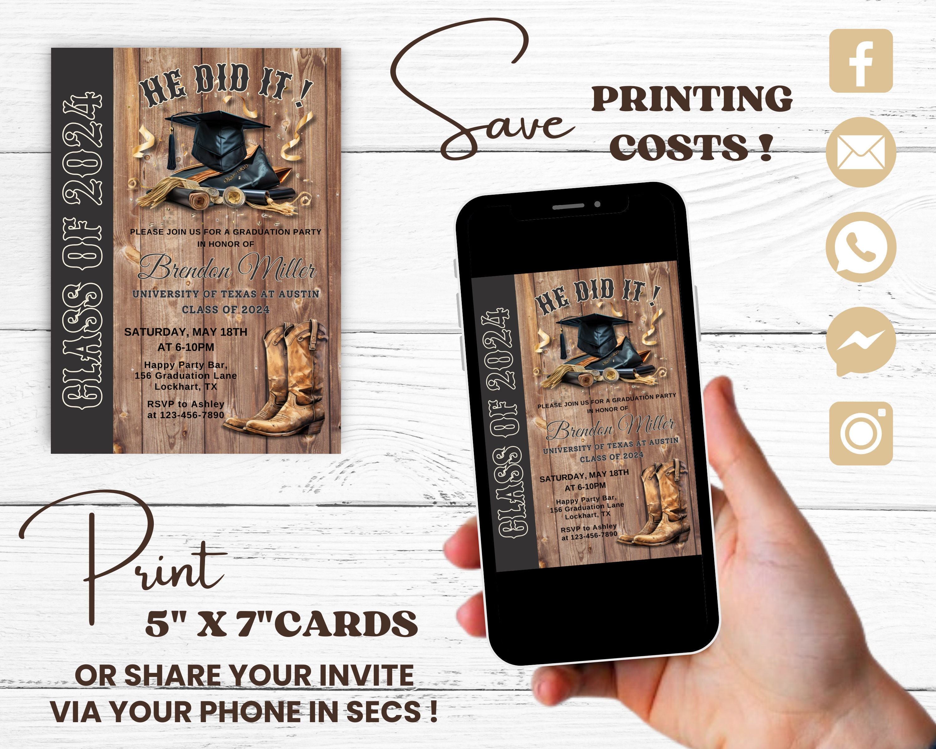 Editable Western Graduation Party Invitation - Digital Invite Rustic ...