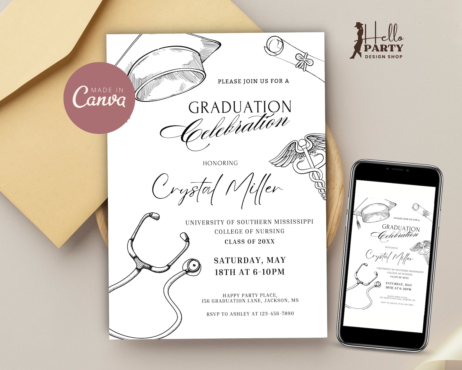 Editable Minimalist Nursing Graduation Party Invitation - Nurse ...