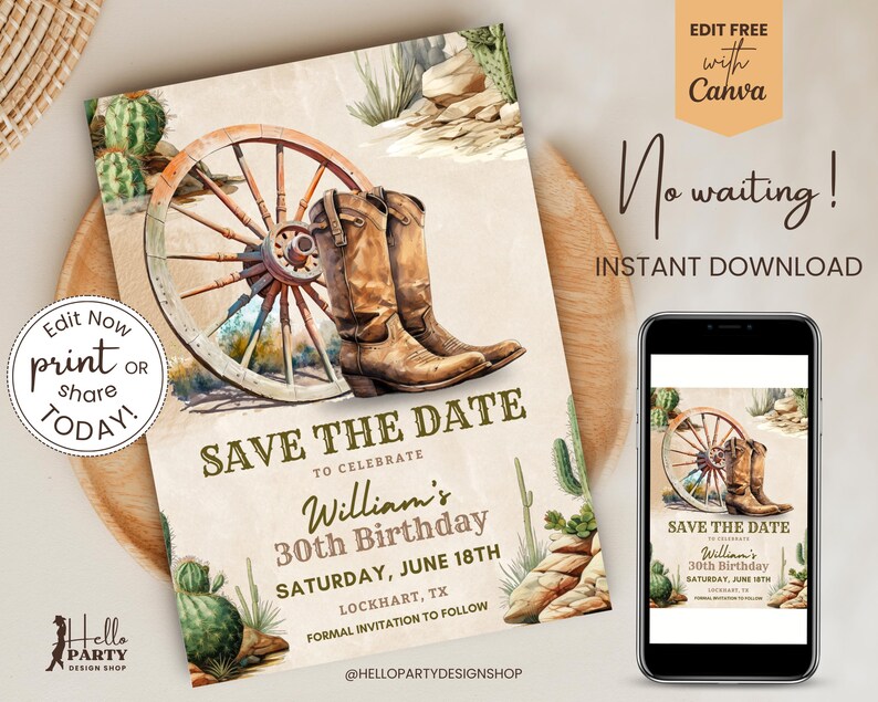 Editable Western Save the Date, Cowboy Save the Date, Birthday Party ...
