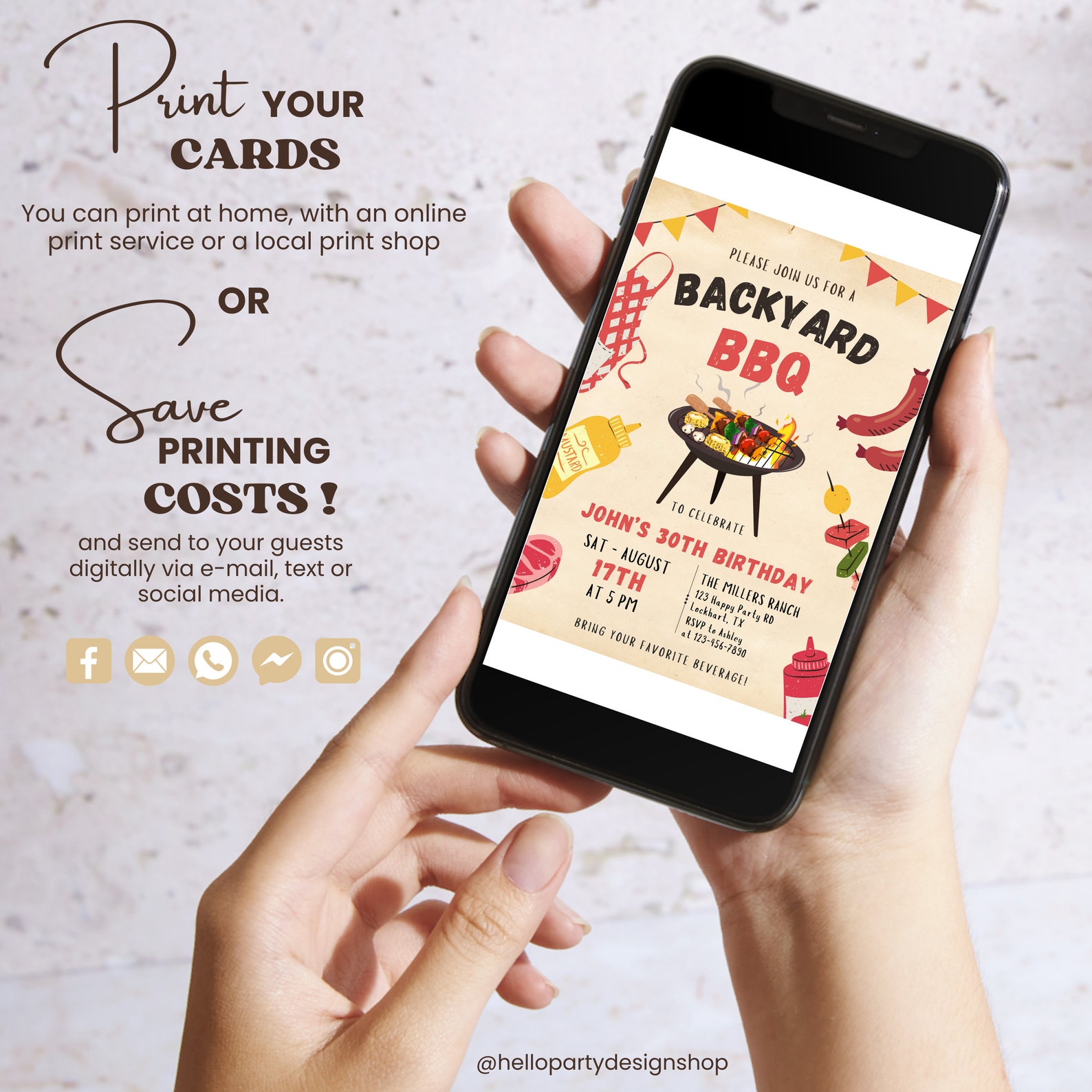 Editable Backyard BBQ Birthday Party Invitation Colorful Red Outdoor ...