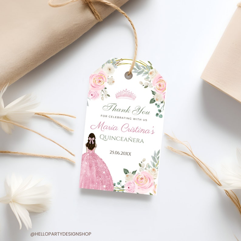Editable Pink Blush Quinceañera Thank You Tag 15th Birthday Party ...