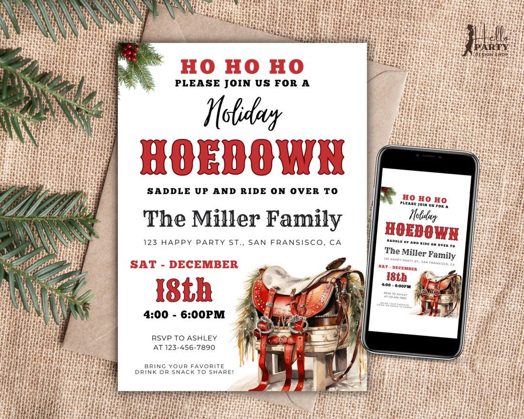 Editable Hoedown Christmas Party Invitation, Western Christmas Invite ...