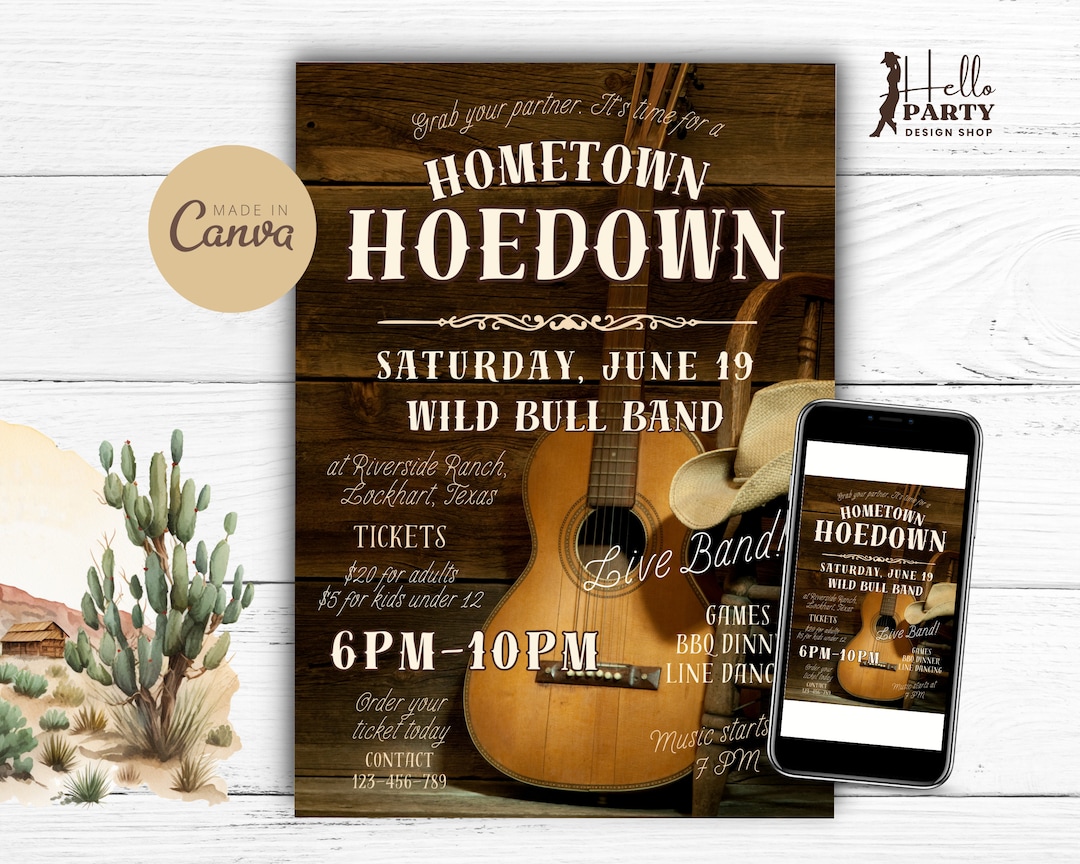 Editable Hoedown Flyer - Country Guitar Party Invitation - Rustic Live ...