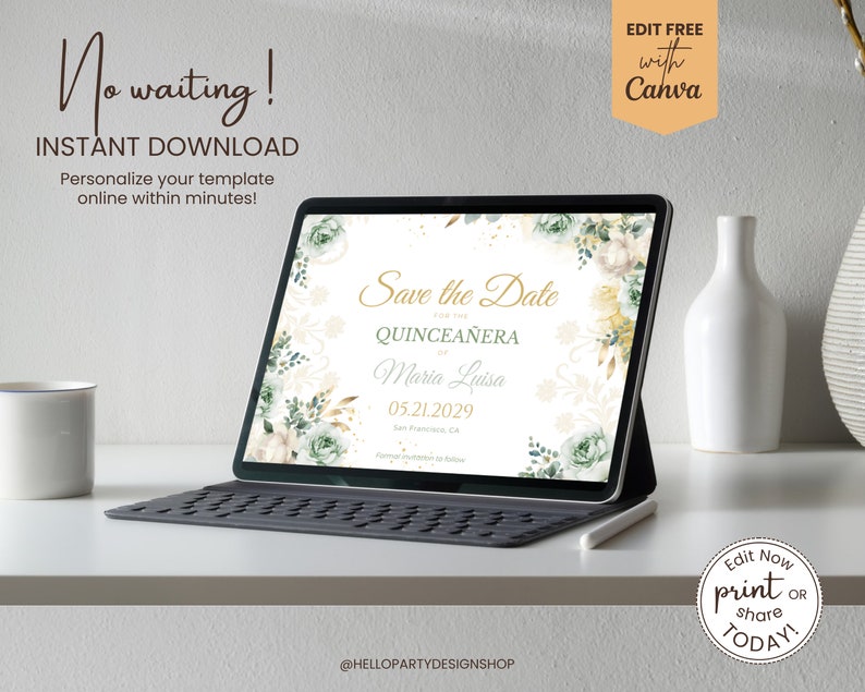 Pale Sage Green Gold Quinceañera Save the Date 5 X 3.5 Card, Ivory ...