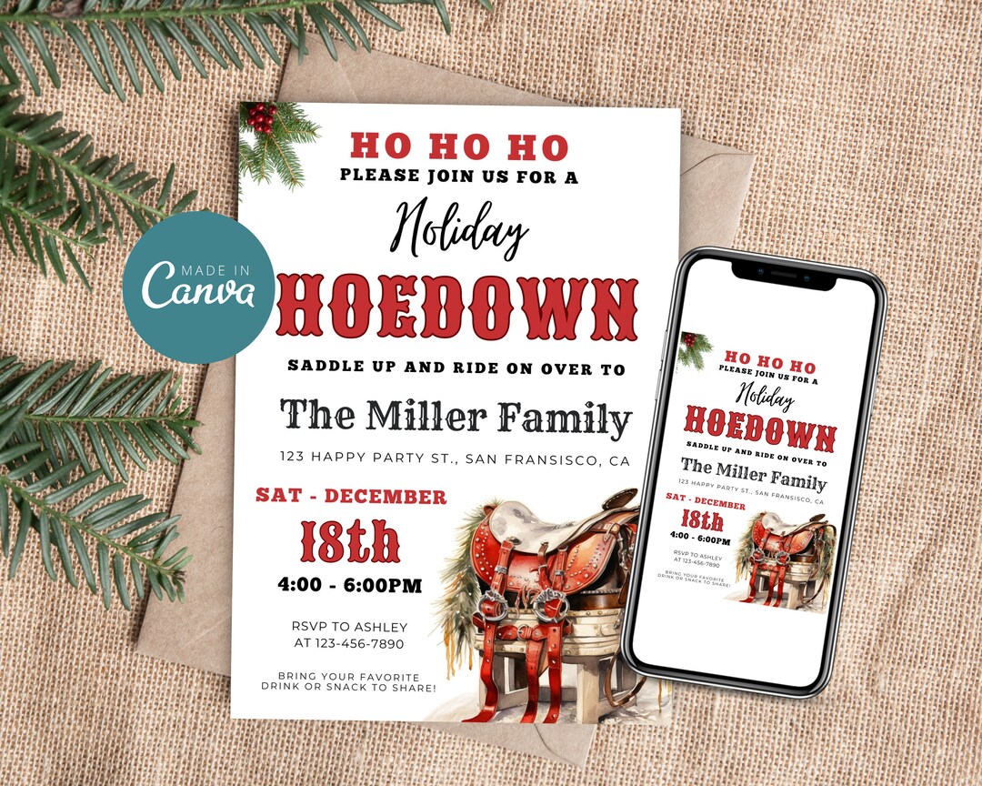 Editable Hoedown Christmas Party Invitation Cowboy Saddle Holiday ...