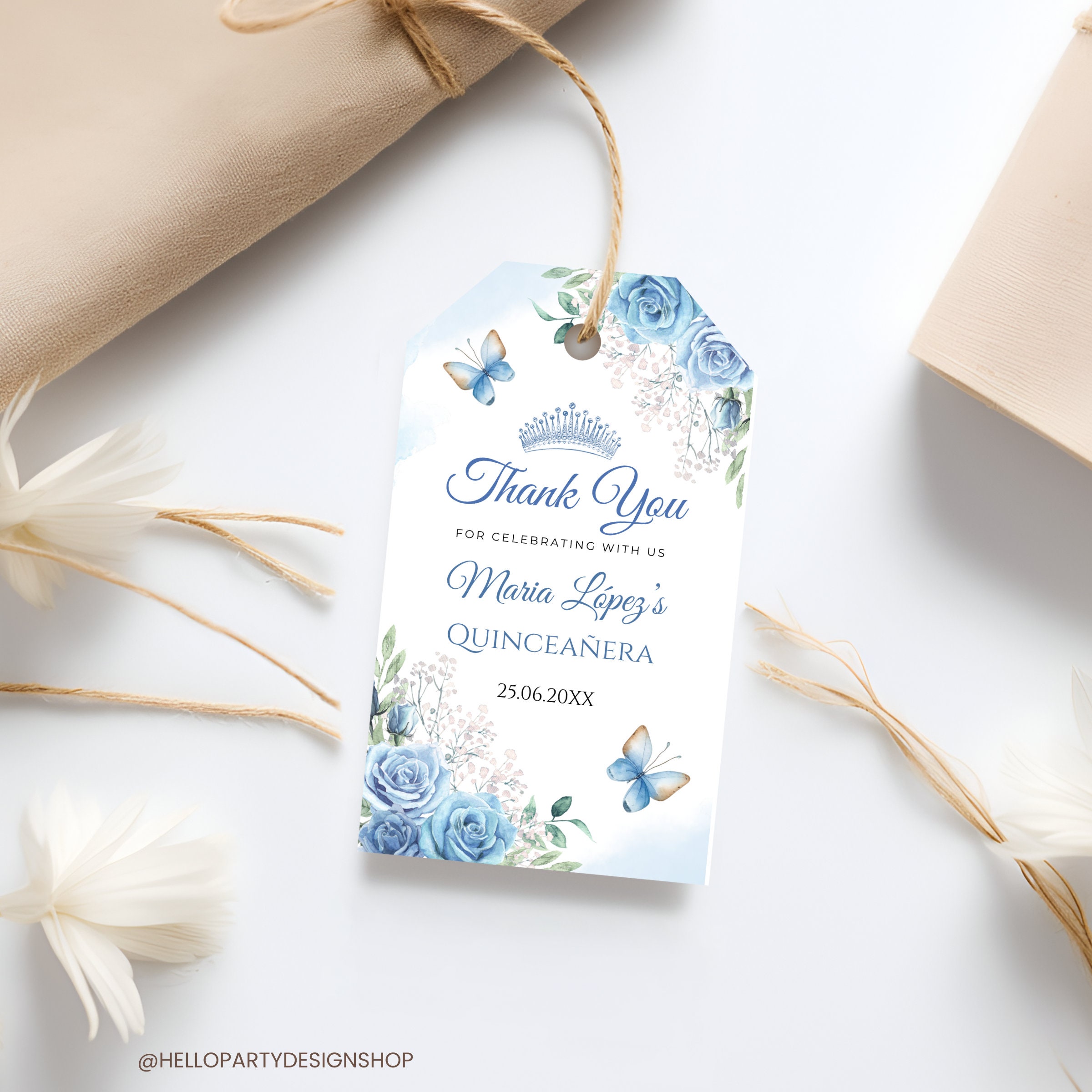 Editable Dusty Blue Quinceañera Thank You Tag 15th Birthday Party ...