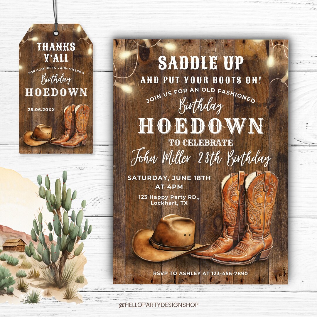 Editable Western Hoedown Invitation Thank You Tag Birthday Party ...
