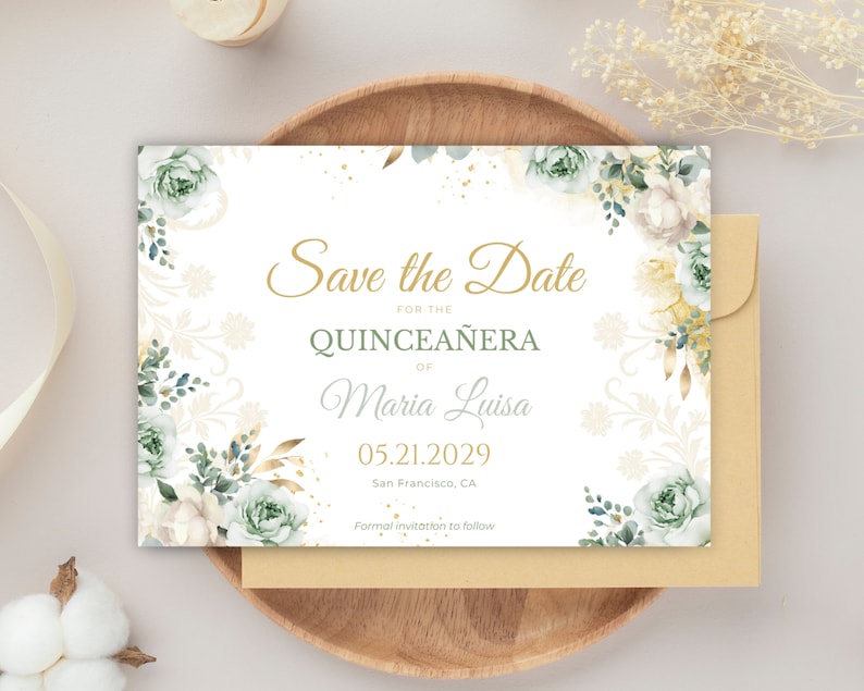 Pale Sage Green Gold Quinceañera Save the Date 5 X 3.5 Card, Ivory ...