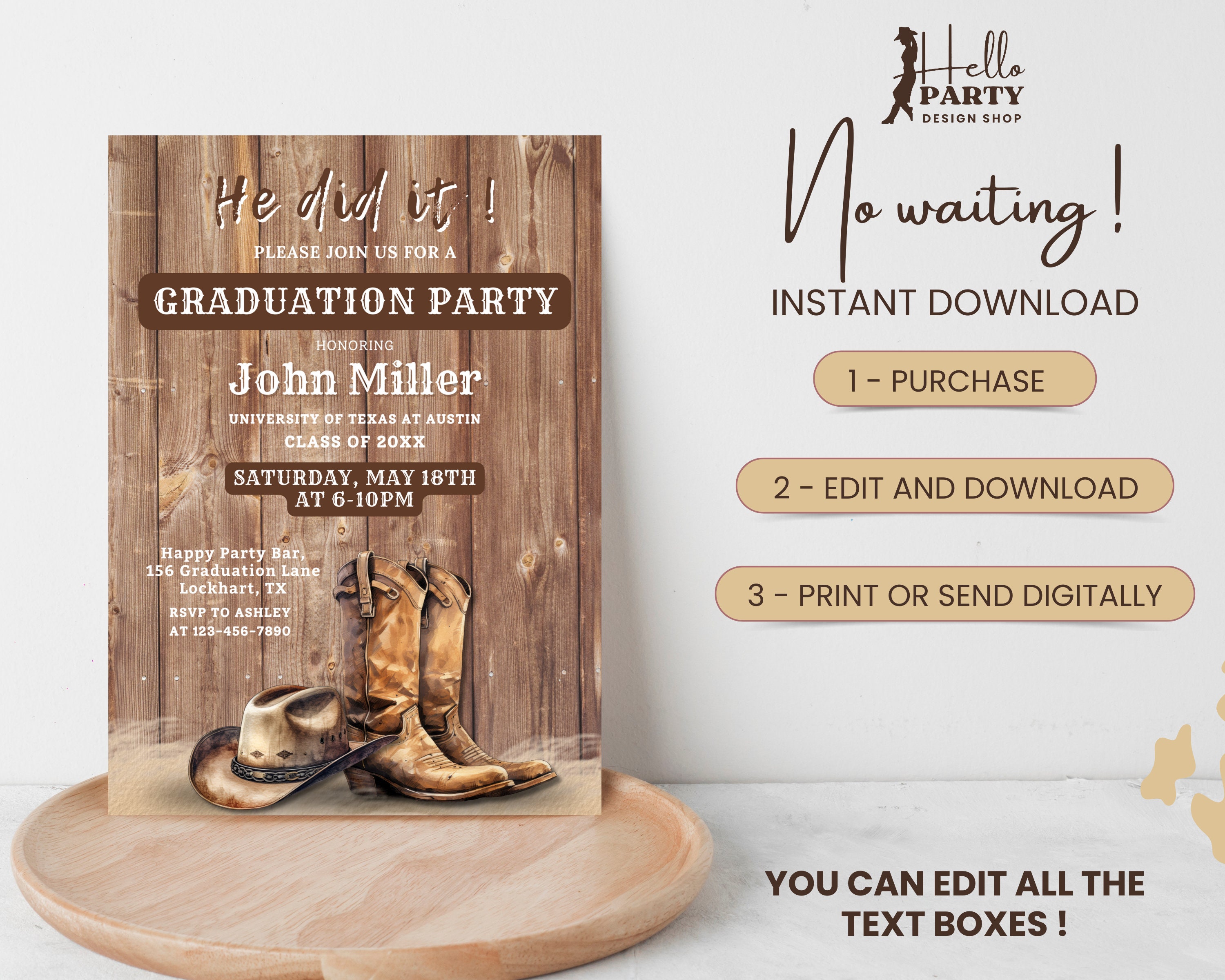 Editable Western Graduation Party Invitation Digital Invite Rustic ...