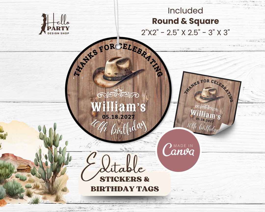 Editable Western Birthday Party Favor Tag Thank You Stickers Cowboy ...