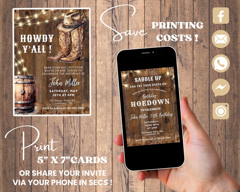 Editable Howdy Y'all Birthday Party Invitation western Cowboy Digital ...