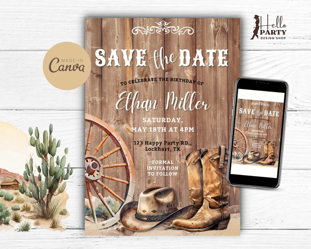 Western Save the Date Birthday Party Invitation - Editable Cowboy ...