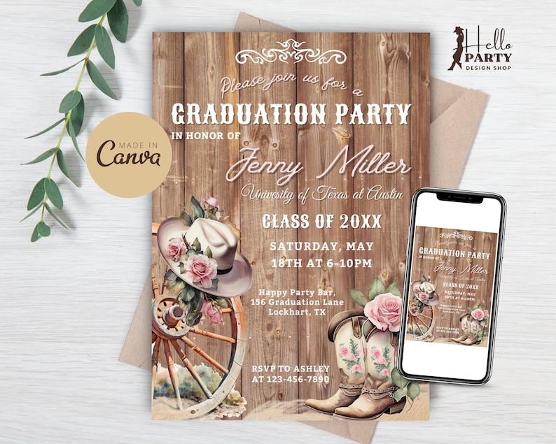 Editable Rustic Graduation Party Invitation Digital Invite Country ...