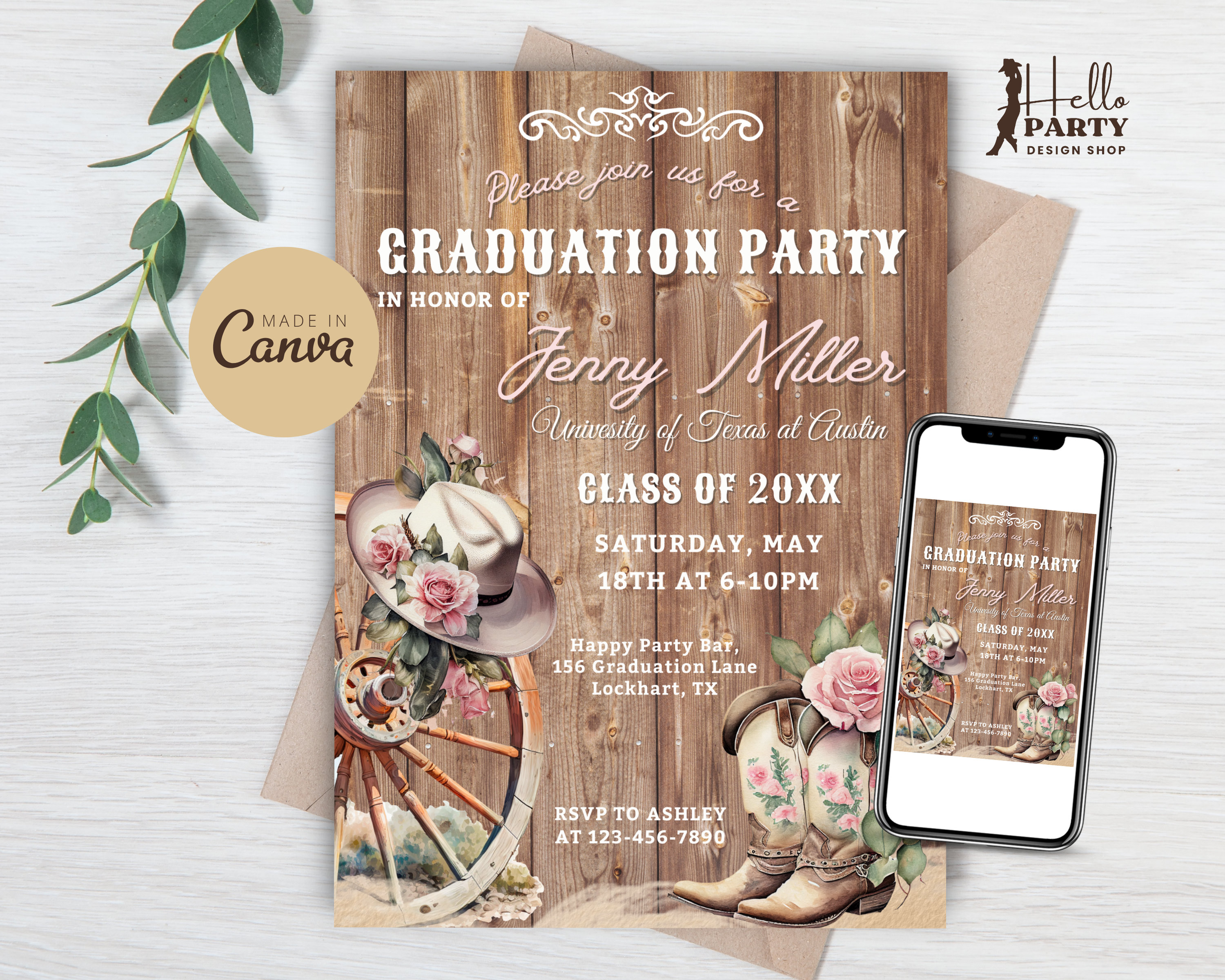 Editable Rustic Graduation Party Invitation Digital Invite Country ...